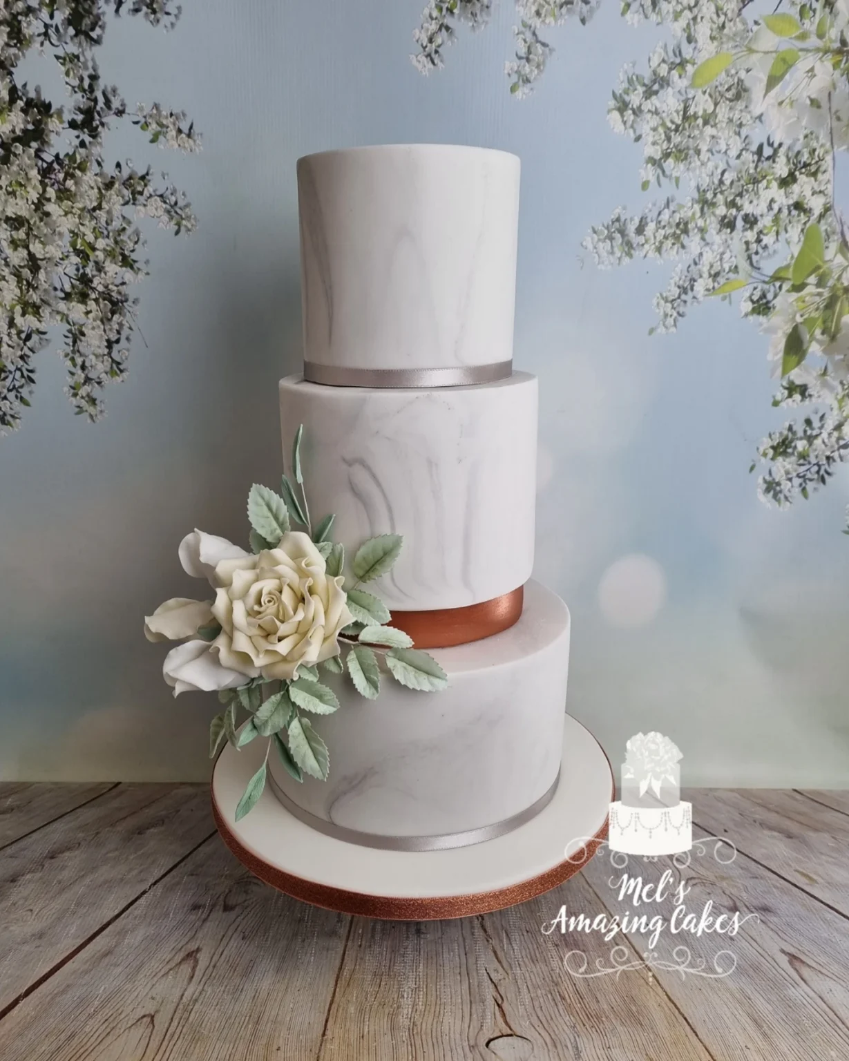 Grey Marble wedding Cake with Sugar Roses - Mel's Amazing Cakes